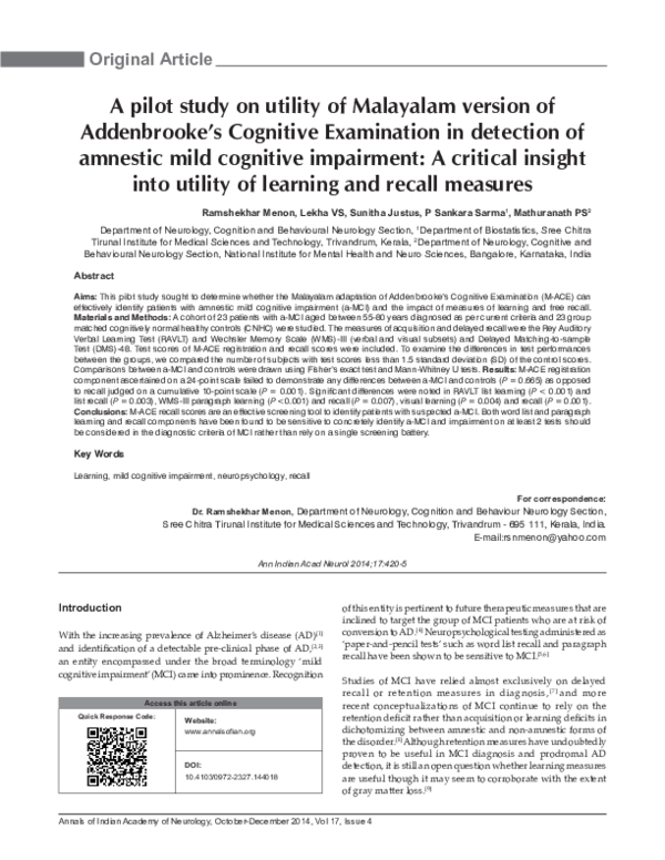 (PDF) A pilot study on utility of Malayalam version of Addenbrooke′s ...