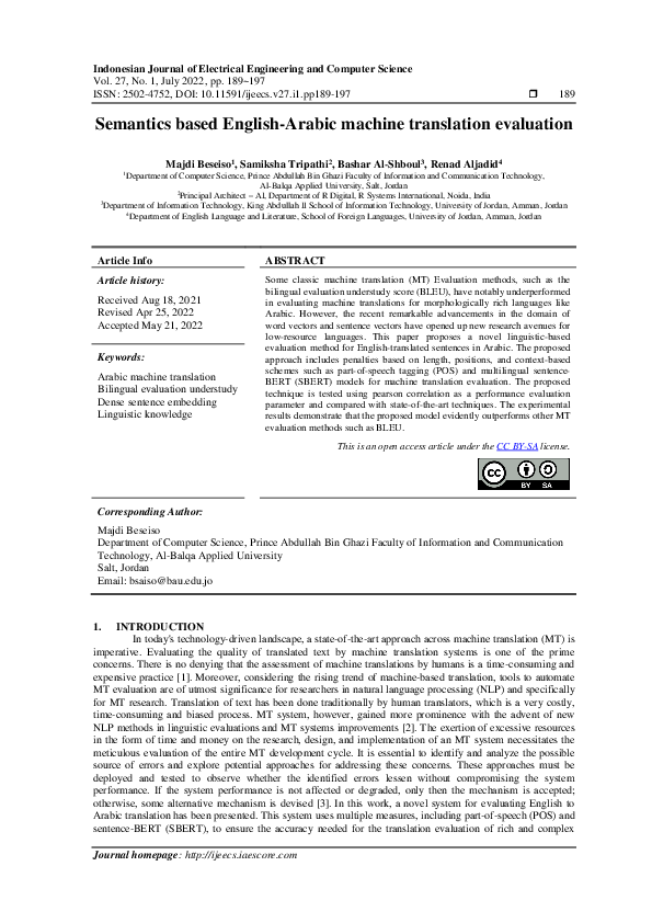 (PDF) Semantics based English-Arabic machine translation evaluation