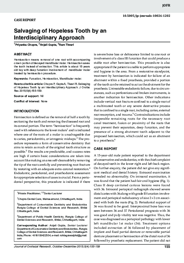 (PDF) Salvaging of Hopeless Tooth by an Interdisciplinary Approach