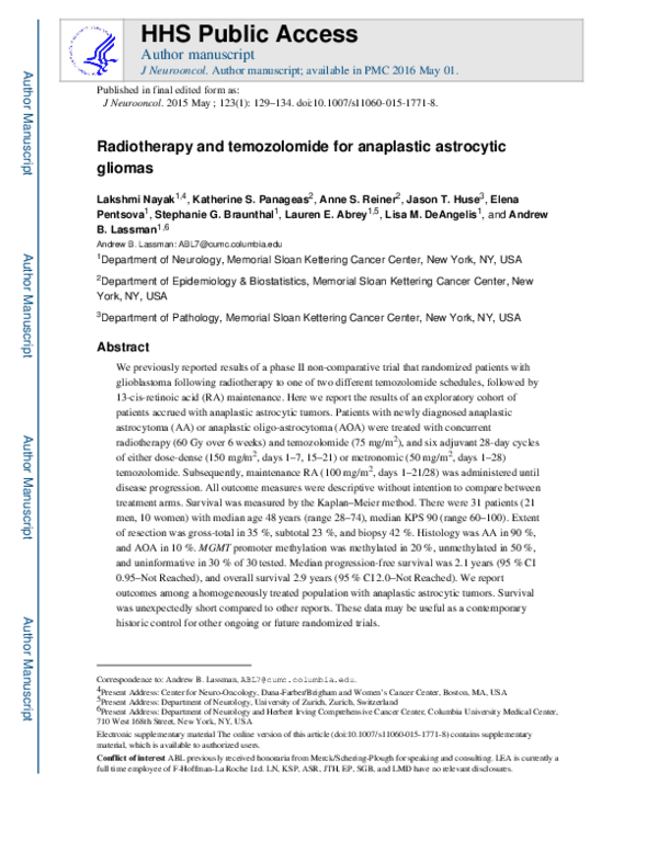 (PDF) Radiotherapy and temozolomide for anaplastic astrocytic gliomas