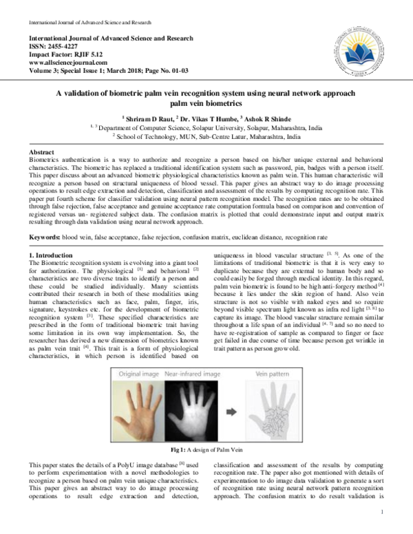 Pdf A Validation Of Biometric Palm Vein Recognition System Using