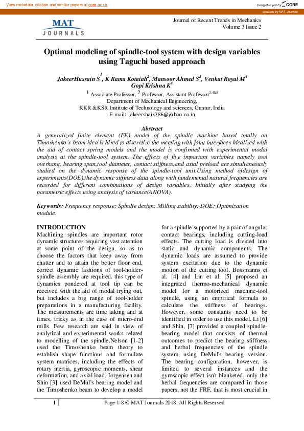 Pdf Optimal Modeling Of Spindle Tool System With Design Variables