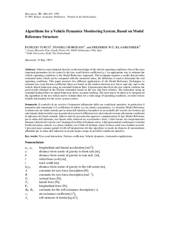 Algorithms for a Vehicle Dynamics Monitoring System, Based on Model Reference Structure