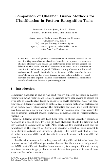 Pdf Comparison Of Classifier Fusion Methods For Classification In Pattern Recognition Tasks