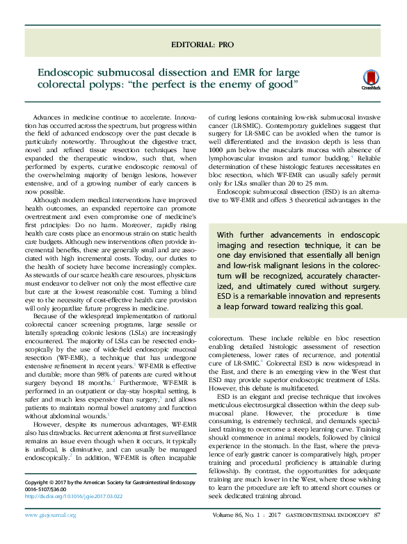 (PDF) Endoscopic submucosal dissection and EMR for large colorectal polyps: "the perfect is the ...