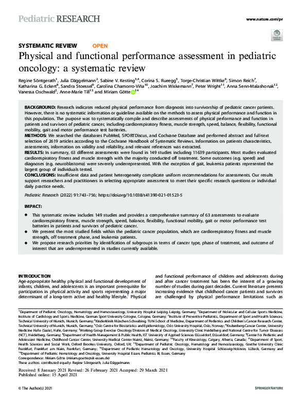 (PDF) Physical and functional performance assessment in pediatric oncology: a systematic review