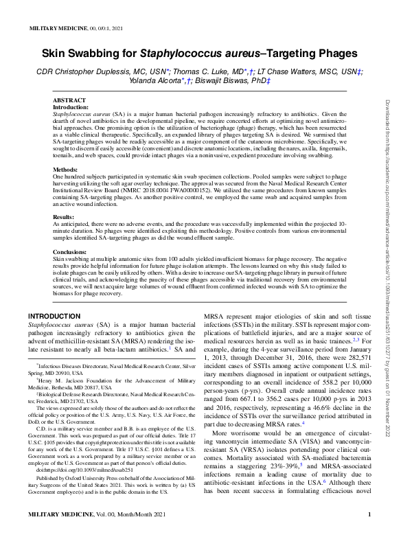 (PDF) Skin Swabbing for Staphylococcus aureus–Targeting Phages