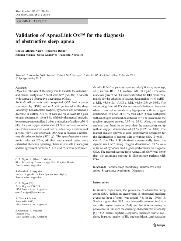 (PDF) Validation of ApneaLink Ox™ for the diagnosis of obstructive ...