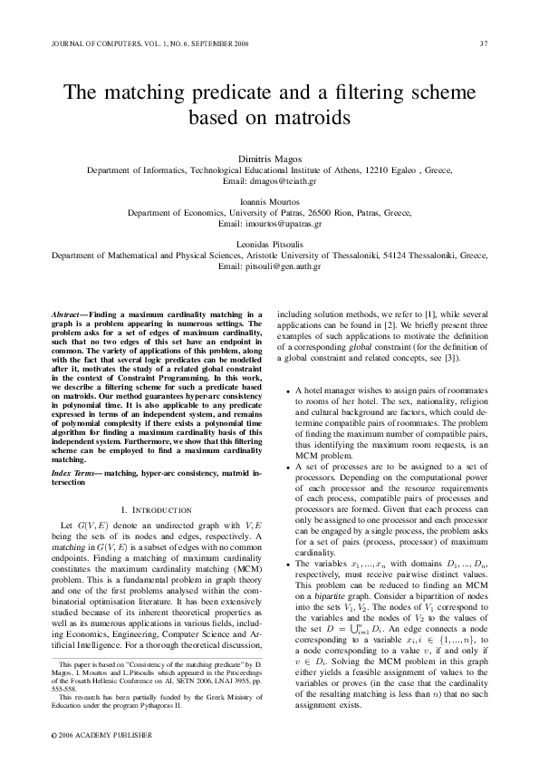 (PDF) The Matching Predicate and a Filtering Scheme Based on Matroids