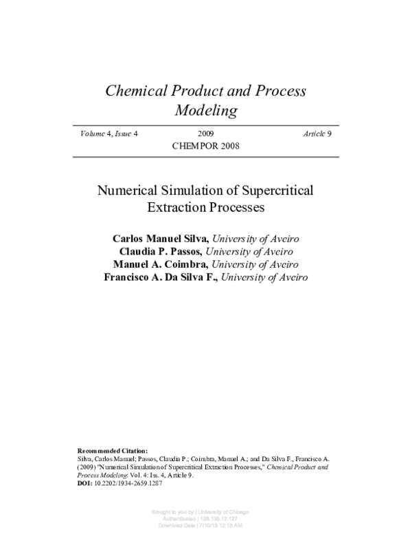 (PDF) Numerical Simulation of Supercritical Extraction Processes