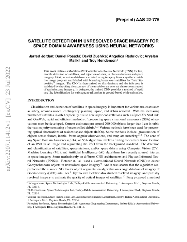 Pdf Satellite Detection In Unresolved Space Imagery For Space Domain Awareness Using Neural