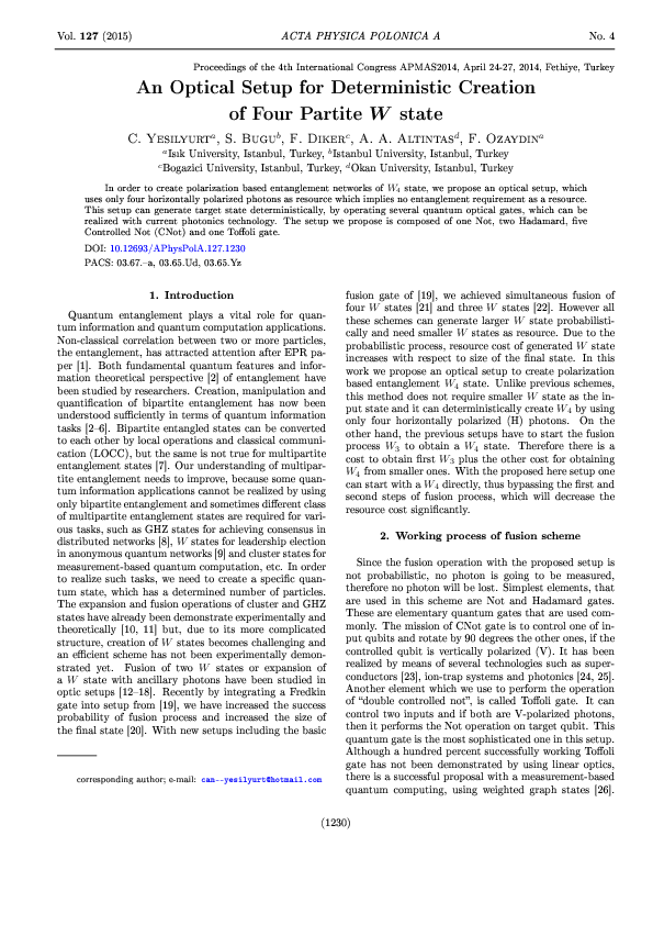 (PDF) An Optical Setup for Deterministic Creation of Four Partite W state