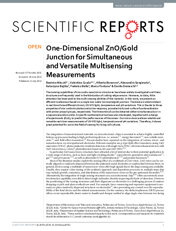 (PDF) One-Dimensional ZnO/Gold Junction for Simultaneous and Versatile ...