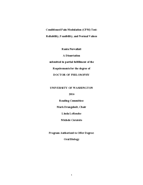 (PDF) Conditioned Pain Modulation (CPM) Test: Reliability, Feasibility ...