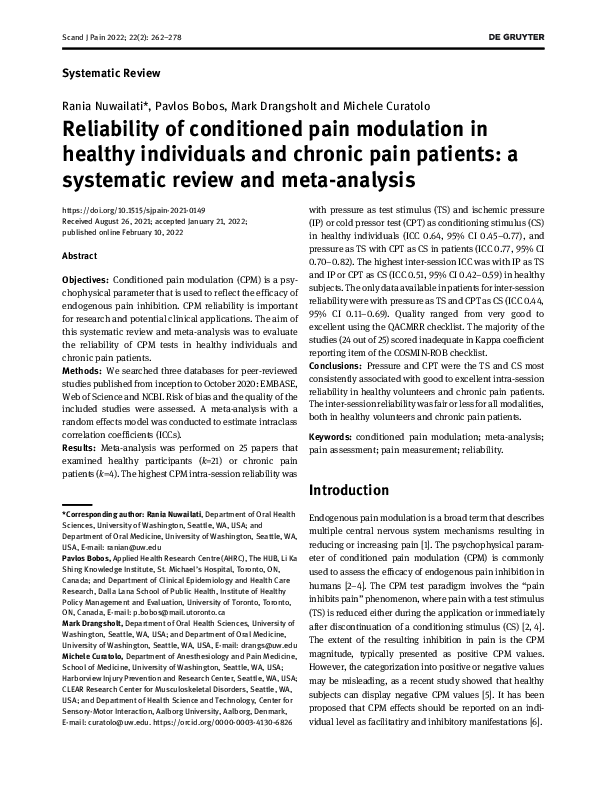 (PDF) Reliability of conditioned pain modulation in healthy individuals ...