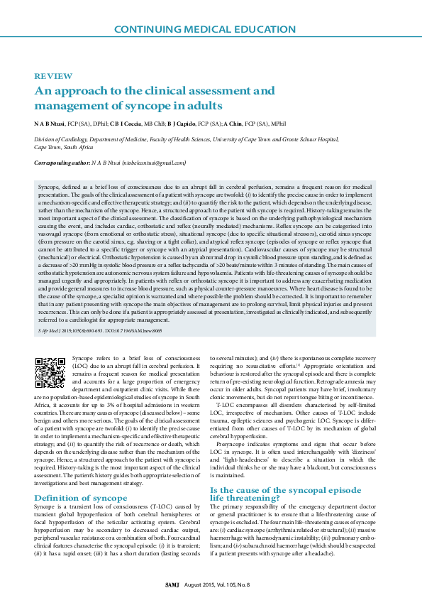 (PDF) An approach to the clinical assessment and management of syncope ...