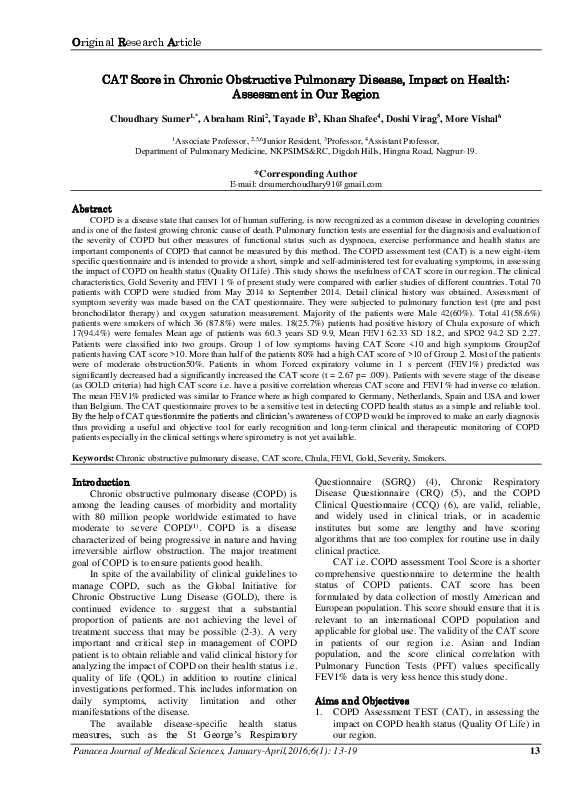(PDF) CAT Score in Chronic Obstructive Pulmonary Disease, Impact on ...
