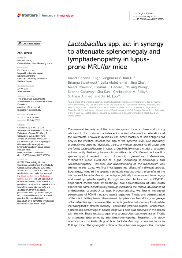 (PDF) Lactobacillus spp. act in synergy to attenuate splenomegaly and ...