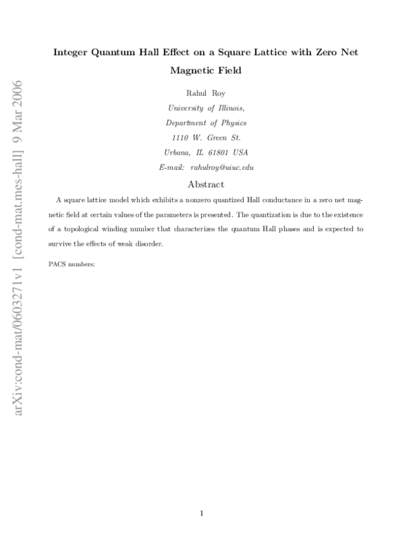 (PDF) Integer Quantum Hall Effect on a Square Lattice with Zero Net ...