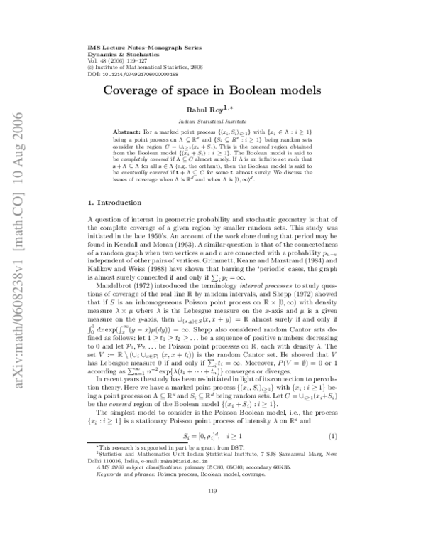 (PDF) Coverage of space in Boolean models