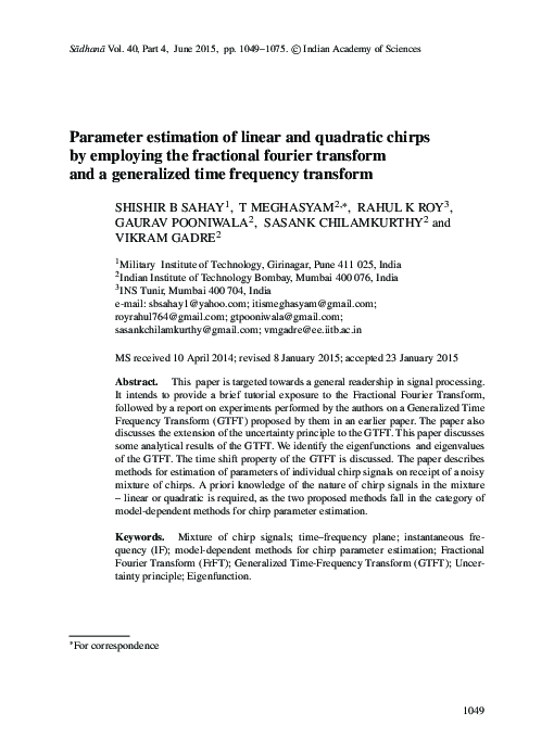(PDF) Parameter estimation of linear and quadratic chirps by employing the fractional fourier ...