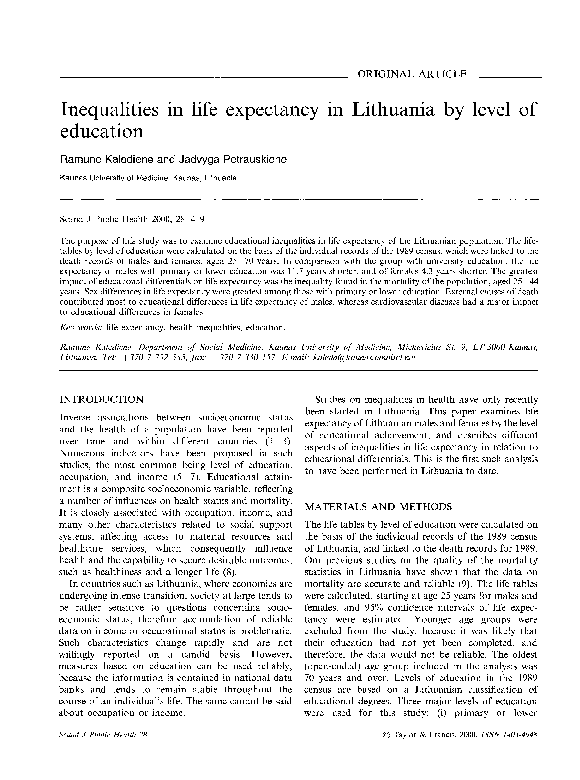 (PDF) Inequalities in life expectancy in Lithuania by level of education