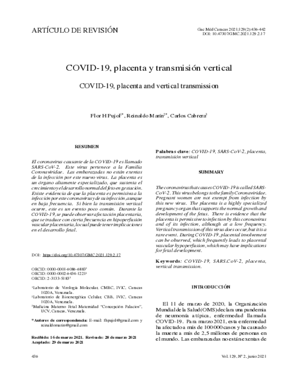 (PDF) COVID-19, placenta y transmisión vertical | Reinaldo Marín ...