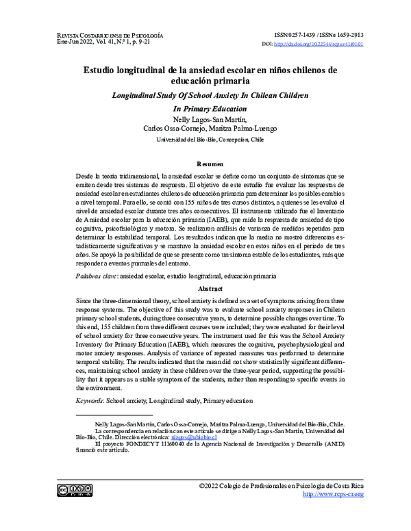 (PDF) Estudio longitudinal de la ansiedad escolar en niños chilenos de ...