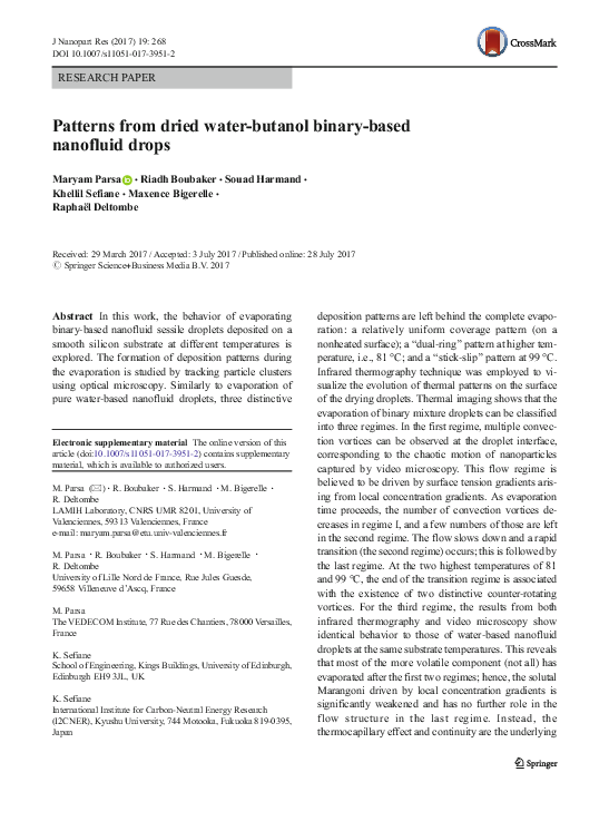 Pdf Patterns From Dried Water Butanol Binary Based Nanofluid Drops