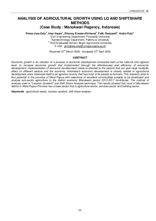 (PDF) Analysis of Agricultural Growth Using LQ And Shiftshare Methods (Case Study : Manokwari ...