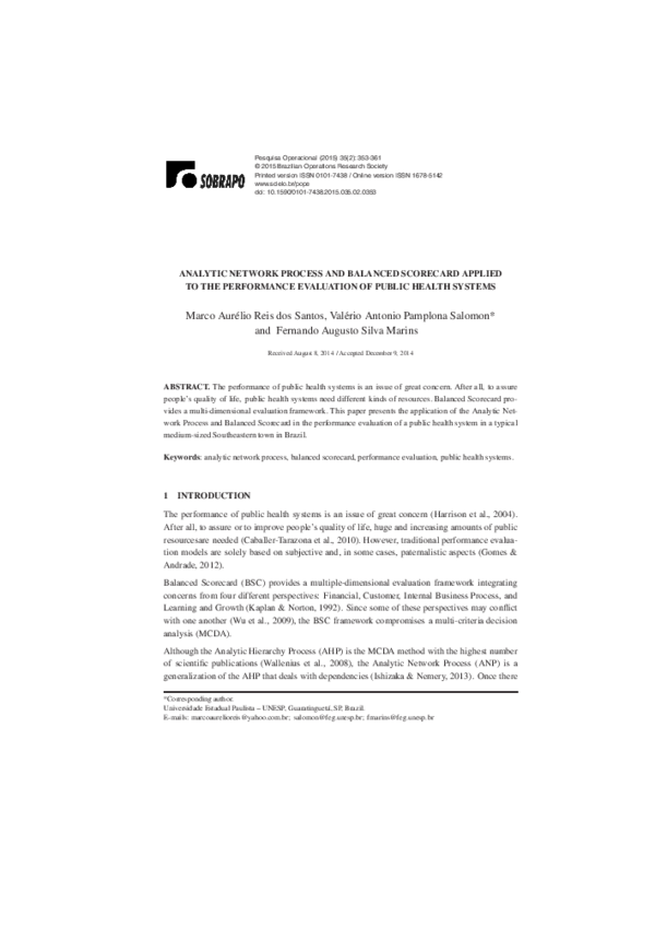 Pdf Analytic Network Process And Balanced Scorecard Applied To The