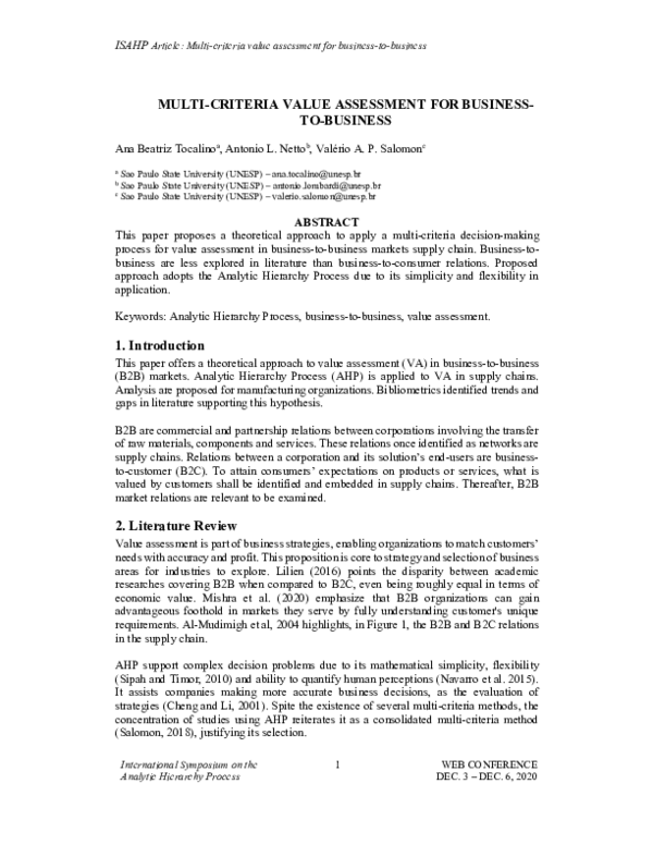 (PDF) Multi-Criteria Value Assessment for Business-To-Business