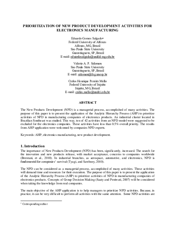 (PDF) Prioritization of New Product Development Activities for ...