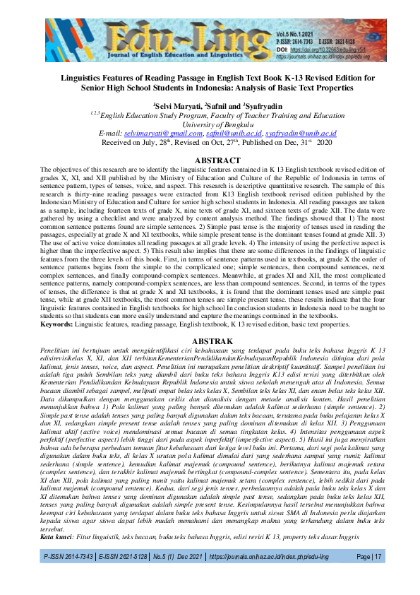 (PDF) Linguistics Features of Reading Passage in English Text Book K-13 Revised Edition for ...
