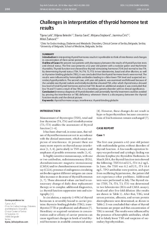 (PDF) Challenges in interpretation of thyroid hormone test results