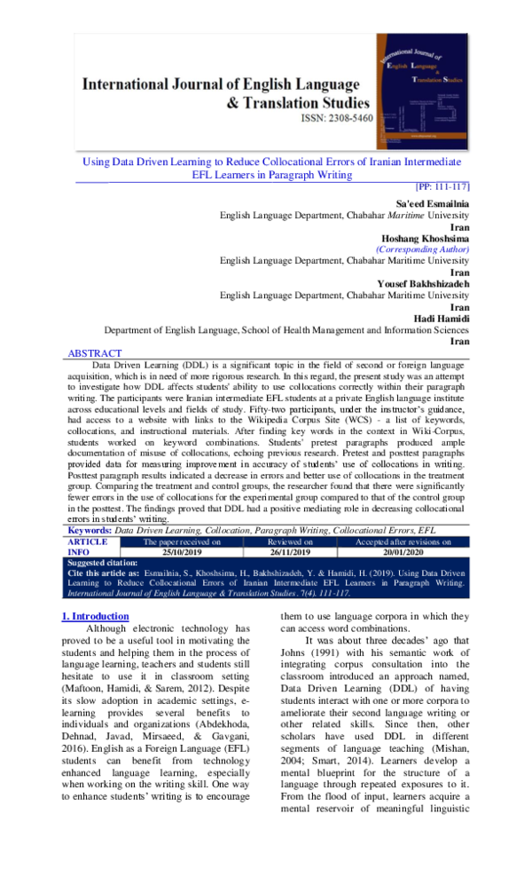 (PDF) Using Data Driven Learning to Reduce Collocational Errors of Iranian Intermediate EFL ...