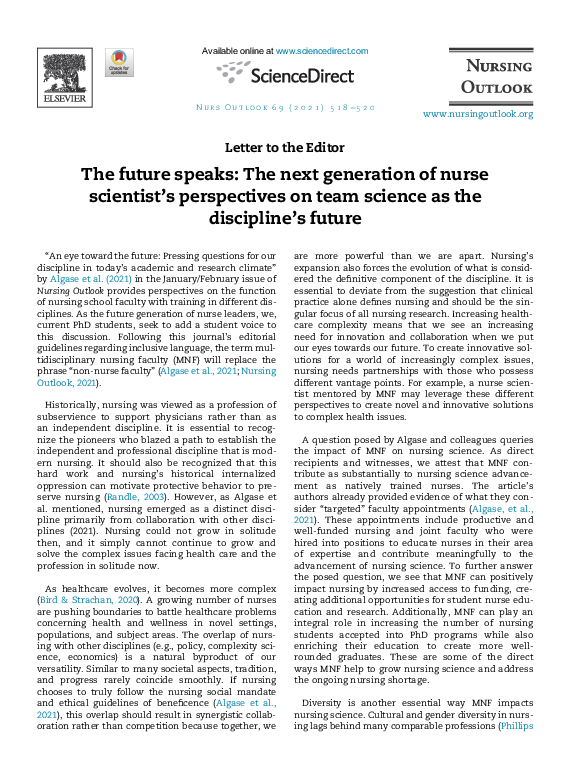 (PDF) The future speaks: The next generation of nurse scientist's perspectives on team science ...