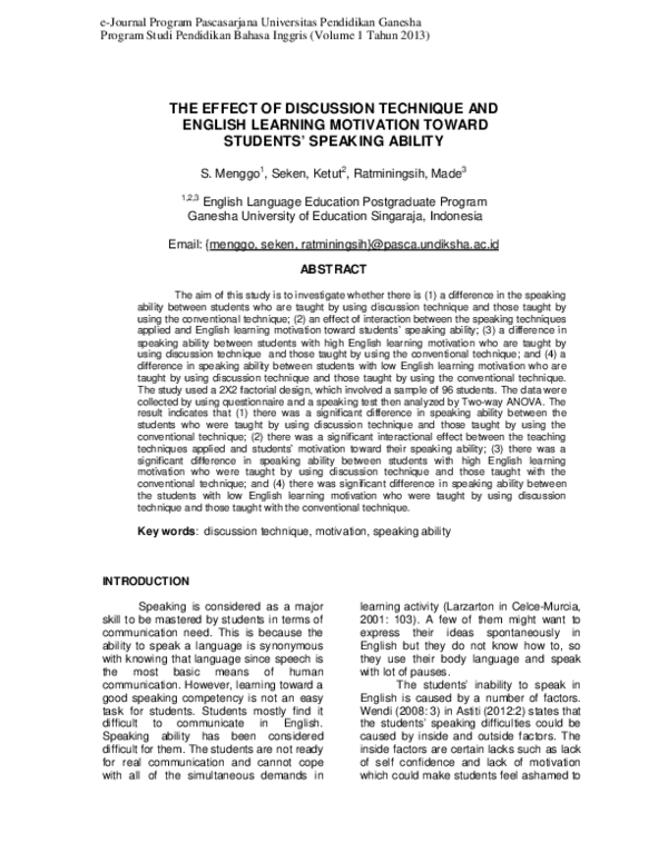 (PDF) The Effect of Discussion Technique and English Learning Motivation Toward Students ...