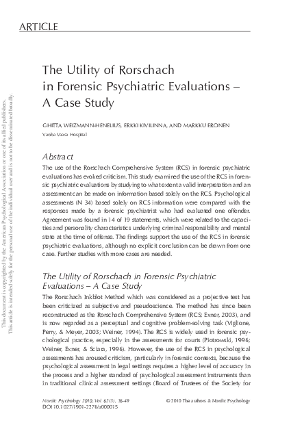 (PDF) The Utility of Rorschach in Forensic Psychiatric Evaluations – A Case Study