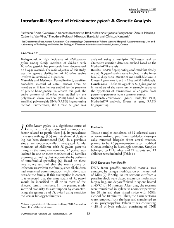 (PDF) Intrafamilial Spread of Helicobacter pylori: A Genetic Analysis | Andreas Karameris ...