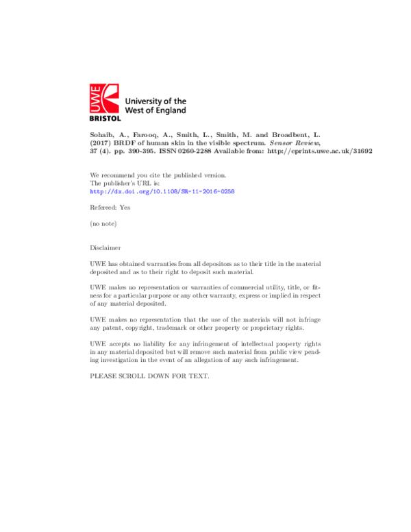 (PDF) BRDF of human skin in the visible spectrum