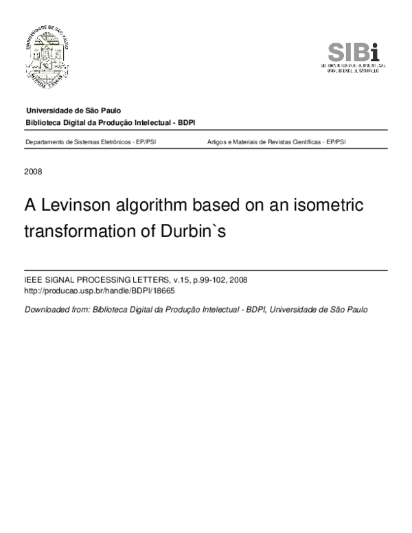 Pdf A Levinson Algorithm Based On An Isometric Transformation Of Durbins