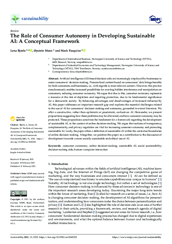 (PDF) The Role of Consumer Autonomy in Developing Sustainable AI: A ...