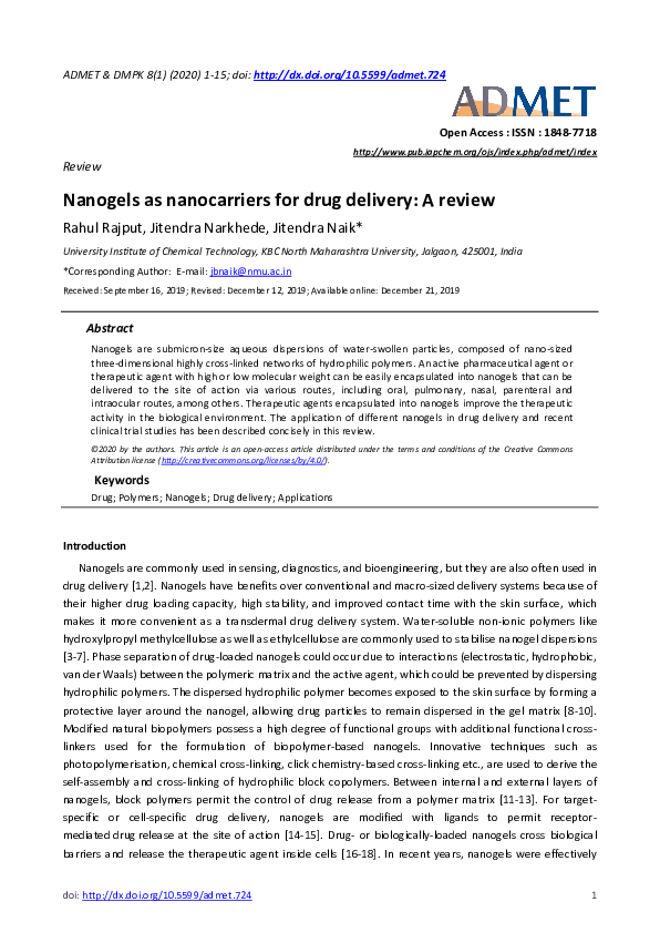 (PDF) Nanogels as nanocarriers for drug delivery: A review
