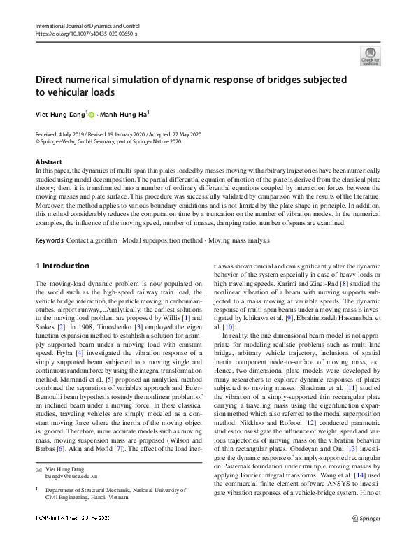 Pdf Direct Numerical Simulation Of Dynamic Response Of Bridges
