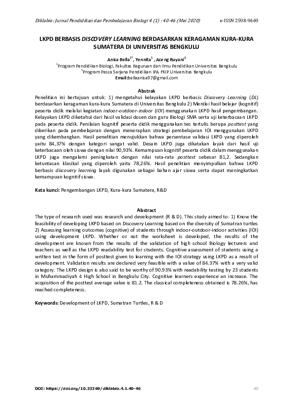 (PDF) LKPD Berbasis Discovery Learning Berdasarkan Keragaman Kura-Kura Sumatera DI Universitas ...
