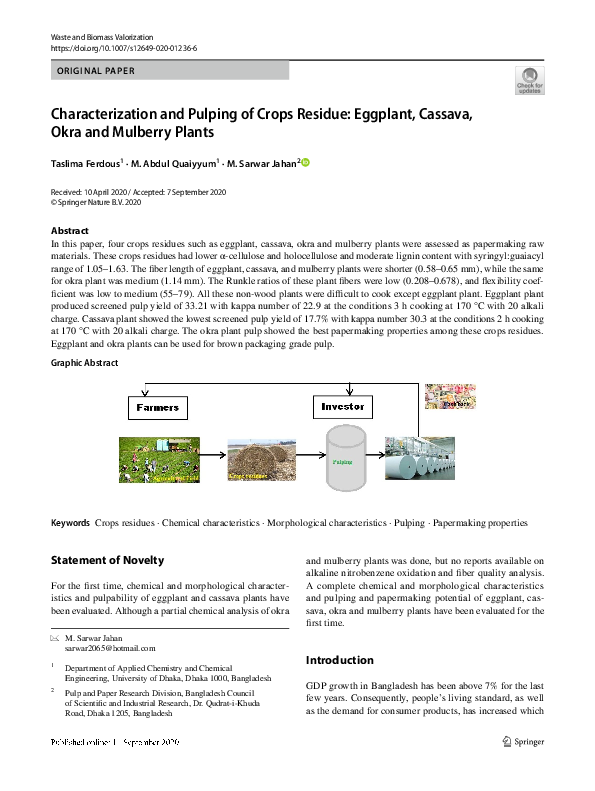 (PDF) Characterization and Pulping of Crops Residue: Eggplant, Cassava, Okra and Mulberry Plants