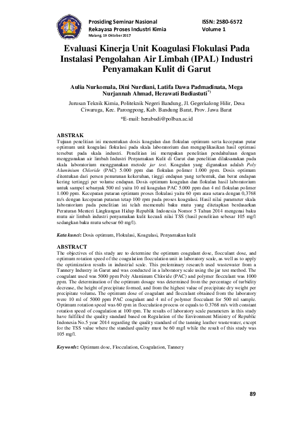 (PDF) Evaluasi Kinerja Unit Koagulasi Flokulasi Pada Instalasi Pengolahan Air Limbah (IPAL ...