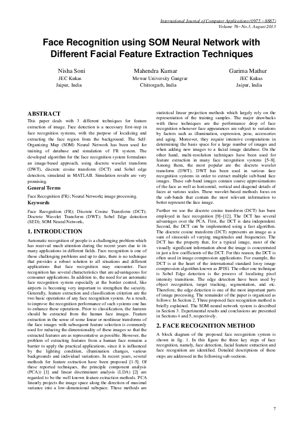 Pdf Face Recognition Using Som Neural Network With Different Facial Feature Extraction Techniques