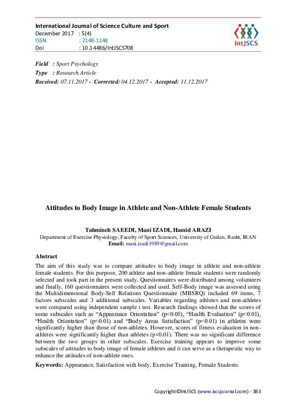 (PDF) Attitudes to Body Image in Athlete and Non-Athlete Female Students